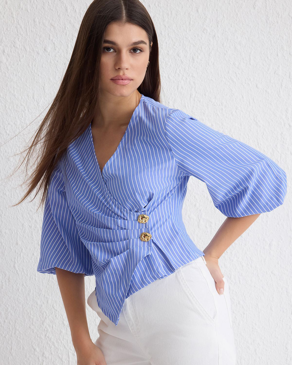 V-Neck Pinstripe Wrap Top – Oyela